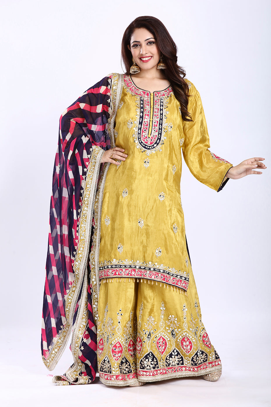 Mustard Yellow Floor-Length Kurta Garara with Printed Dupatta in Tissu ...